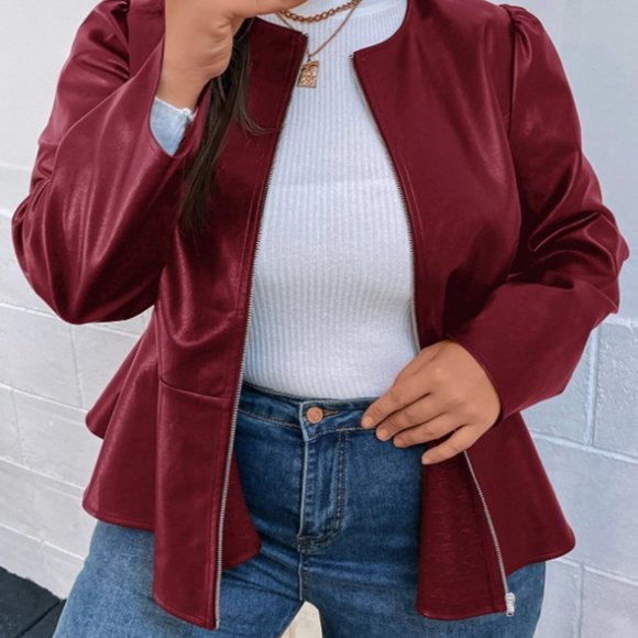 SHEIN | Jackets & Coats | New Shein Unity Puff Sleeve Peplum Burgundy ...